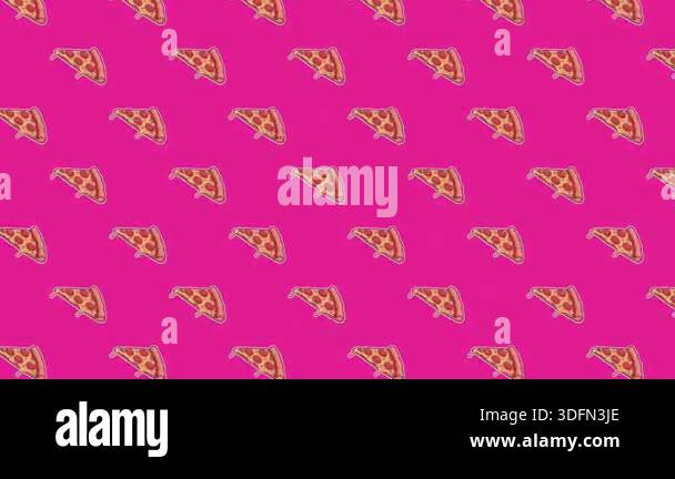 Pop art animation of delicious pizza slices moving diagonally across a ...