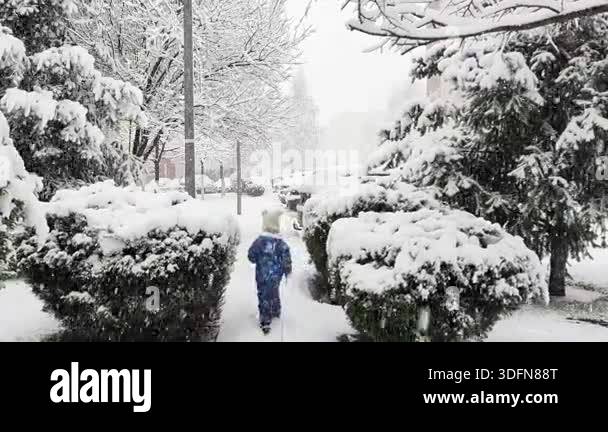 Cute child enjoying sledding outdoors in winter. Snowy park scene ...