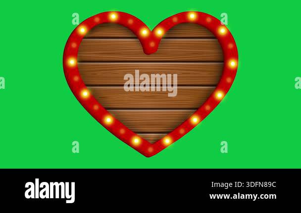 animated heart shaped wooden signboard with lightbulbs on green screen ...