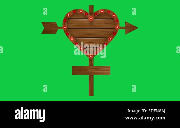 wooden heart shaped signboard with arrow and red animated lightbulbs ...