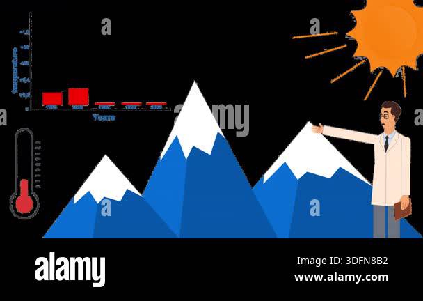 Scientist Explainer with Rising Temperature Graph and Melting Mountain ...