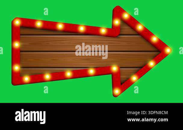 animated arrow shaped wooden signboard with lightbulbs on green screen ...