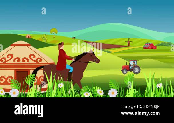 Scenic countryside animation inspired by Kazakhstan, featuring a horse ...
