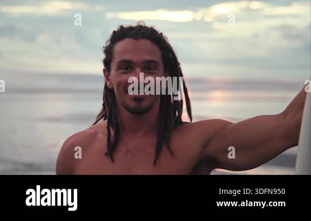 Man Surfer With Surf Board At Sea Nature And Ocean Water Waves On ...