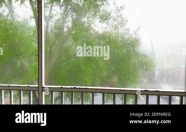 Heavy rain falls against a screened window blurring the view of green ...