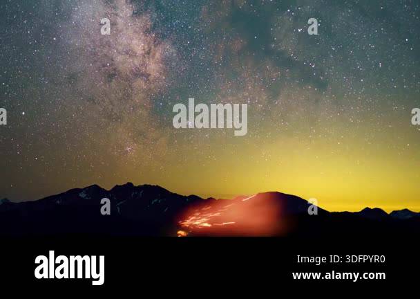 A dramatic animation of a fiery meteorite impact at dusk. The space ...