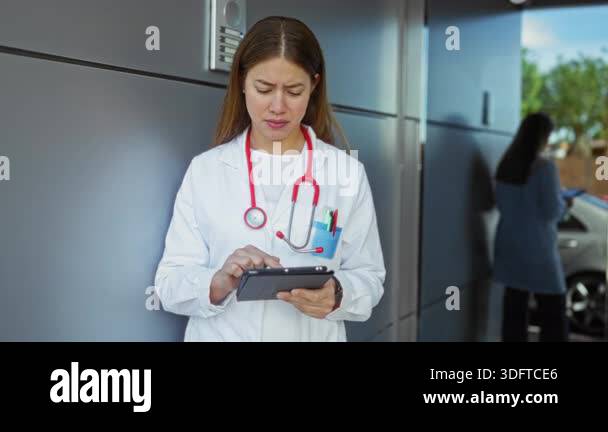 Woman doctor using tablet outside hospital with a red stethoscope and ...