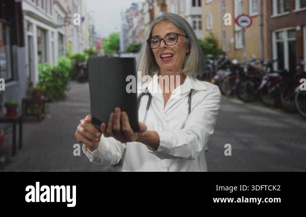 Middle aged grey haired woman doctor with stethoscope holding tablet ...