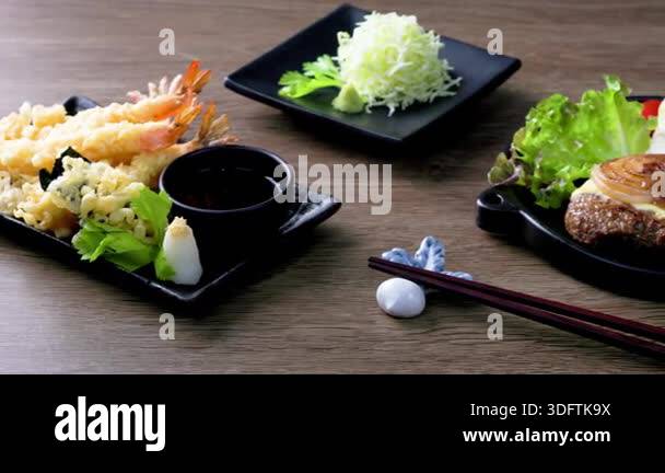 Hamburger steak and tempura shrimp, Japanese style food Stock Video ...