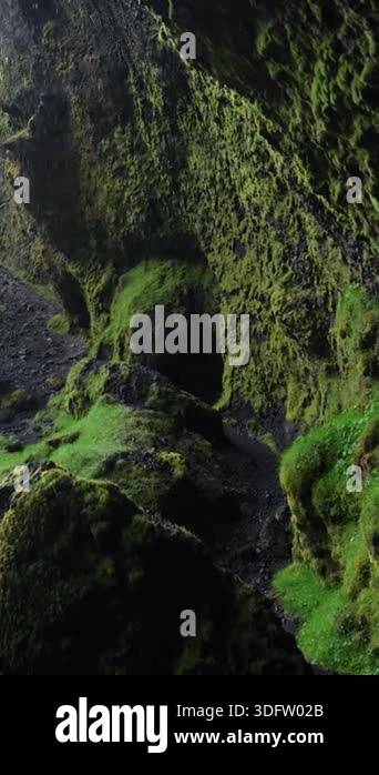 Iceland, view inside a cave, vertical video of a green Iceland nature ...