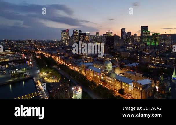 Aerial view of Montreal at sunset with historic and modern buildings ...
