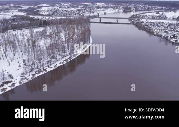Snowy River Aerial View With Bridge And Curved Bank, Reflective Water ...