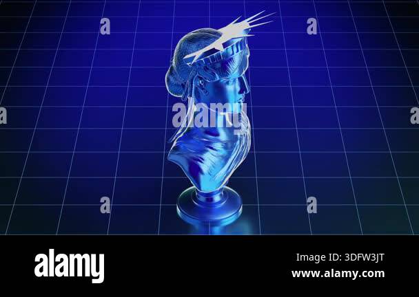 Rotating Statue of Liberty sculpture on blue background - top view - 3D ...