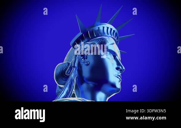 Rotating Statue of Liberty sculpture on blue background - view from ...