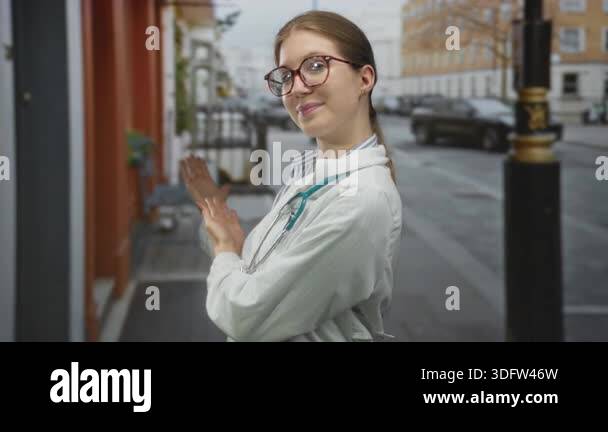 Young blonde woman doctor wearing glasses with stethoscope applauds ...