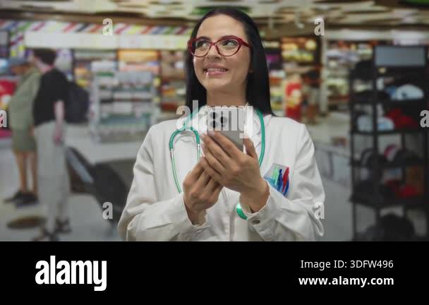 Smiling hispanic woman doctor using smartphone with stethoscope in ...