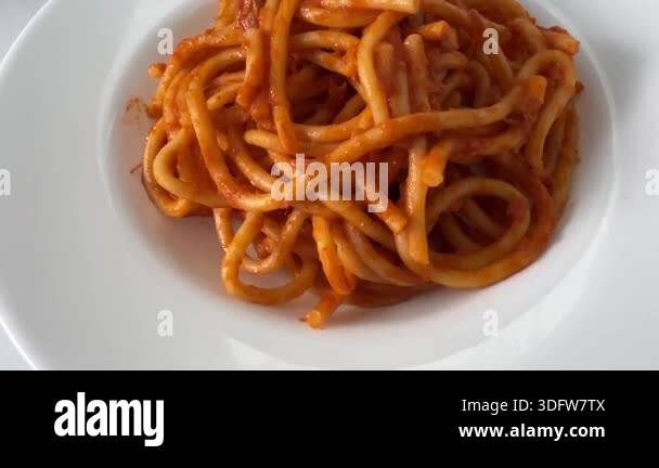 Bucatini pasta Amatriciana, Italian pasta with tomato sauce, pecorino ...