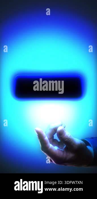 Modern ad video. Hand reaching glowing rectangular button in blue ...