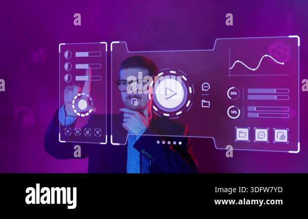 Creative video ad. Corporate data visualization panels in virtual ...