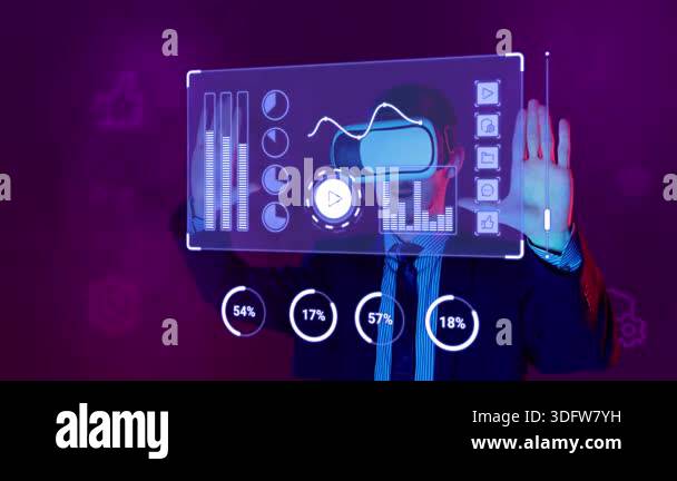 Ad template. Business professional using virtual reality interface with ...