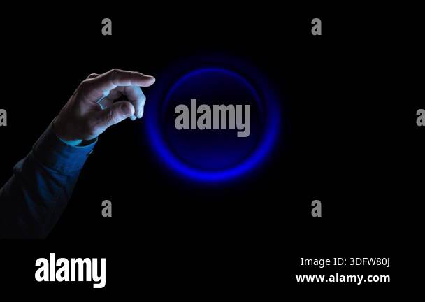 Product animation. Hand interacting with glowing circular button on ...