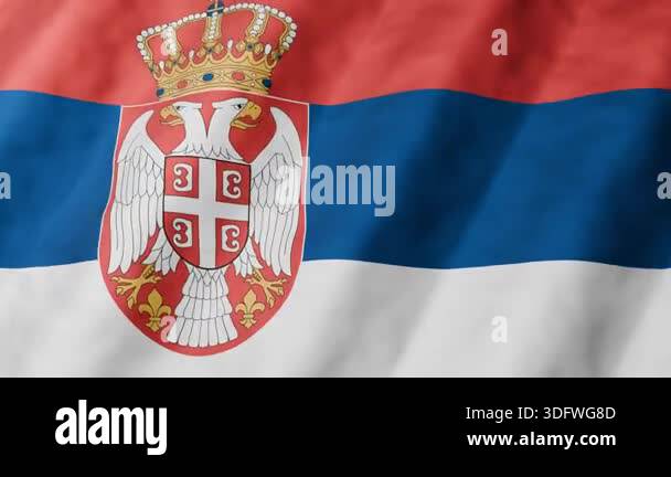 3D animation of Serbia national flag waving with emblem and red, blue ...