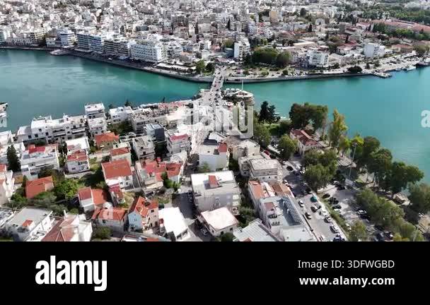 Aerial view of Chalkida old bridge and Euripus Strait waterfront ...