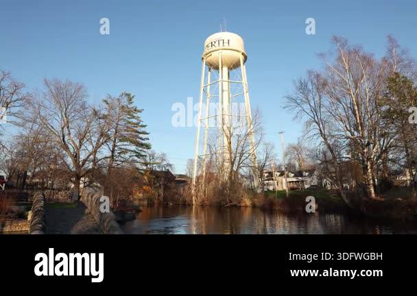 Perth, Canada - April 27, 2025 Water tower in small town of Ontario in ...