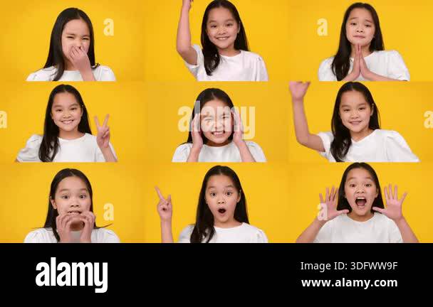A collage features a girl displaying various happy emotions against a ...