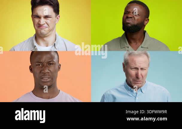 A collage capturing diverse men expressing disgust. Each person ...