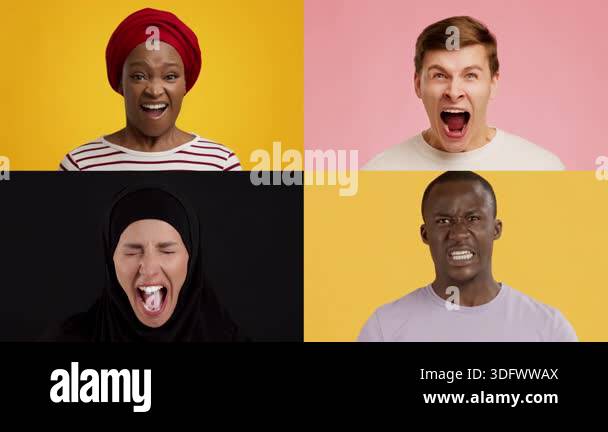 Four individuals display intense emotional expressions against brightly ...