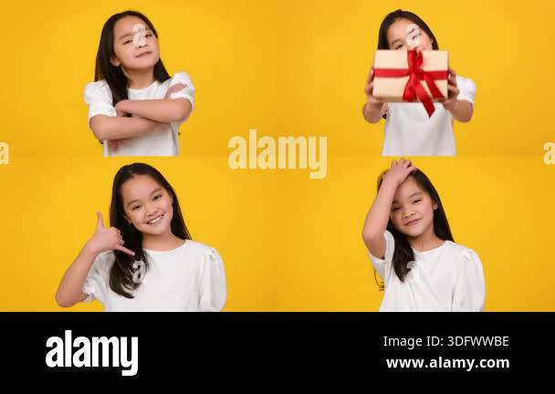 Bright yellow background sets the stage for Asian girl showcasing ...