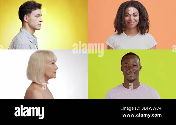 A collage captures varied emotional expressions of diverse individuals ...