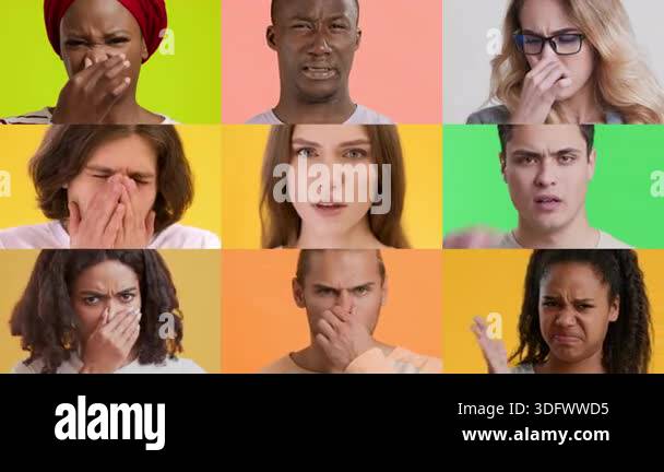 A collage of diverse individuals shows various emotional expressions ...