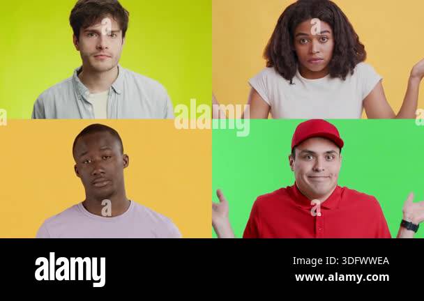 Four individuals display a range of emotional expressions against ...