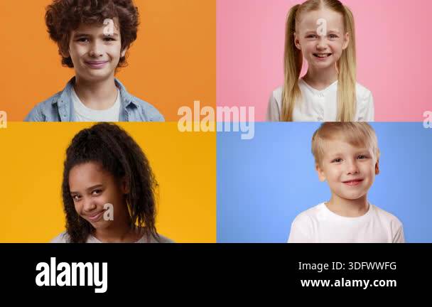 Four kids express a range of emotions against vibrant backgrounds ...