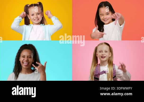 Four kids display a variety of emotions and expressions against bright ...