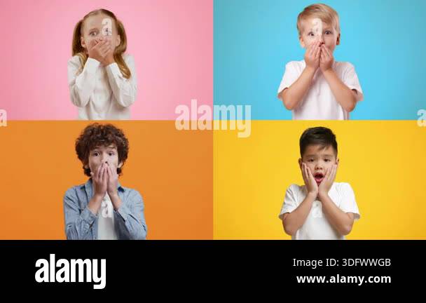 Four multiracial children display various emotions with expressive ...