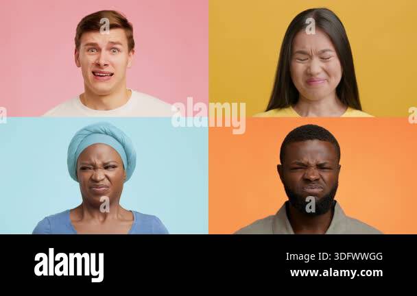 Four diverse individuals display a range of emotions against colorful ...
