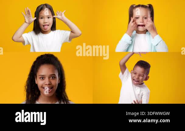 Four kids display a range of emotions with lively facial expressions ...