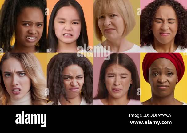 A collage showcases diverse individuals displaying disgust. Each face ...