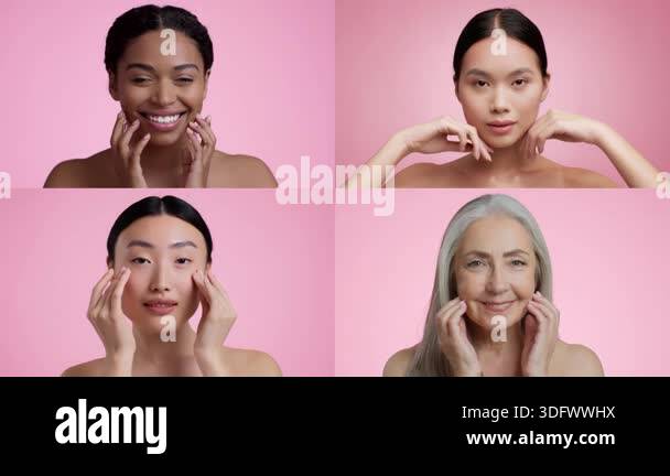 Four women of different ages and backgrounds engage in skin care ...