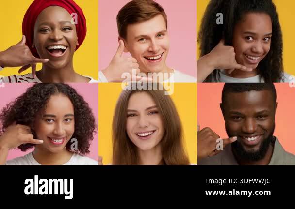 Six individuals display a range of emotions through joyful expressions ...