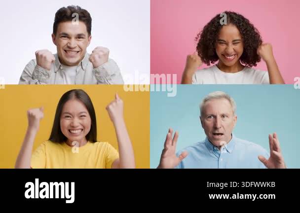 Four diverse people display a range of joyful emotions against vibrant ...