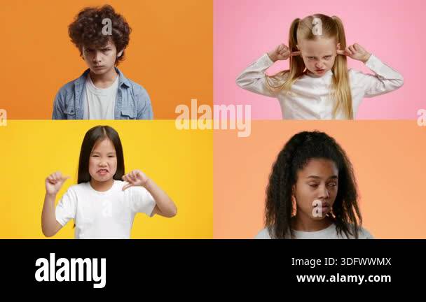 Four children display distinct emotions against vibrant backgrounds ...