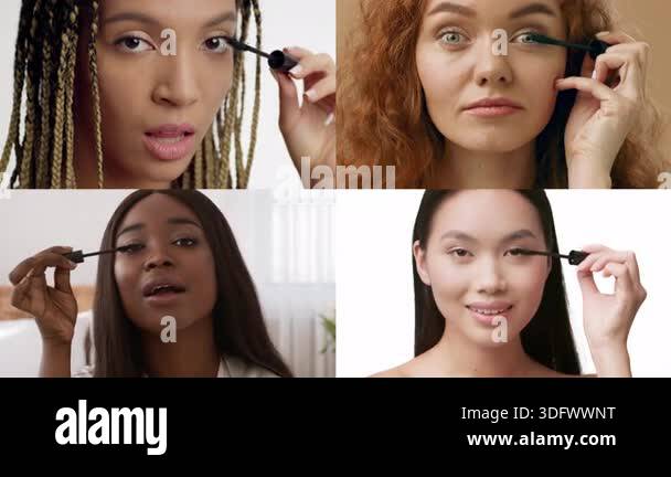 Four women with different hairstyles focus on applying mascara as part ...