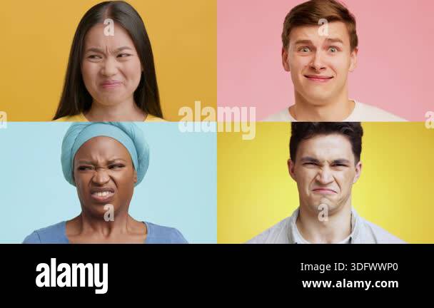 A vibrant collage captures a disgust on the faces of diverse ...