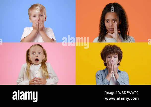 Four diverse children showcase distinct emotions against vibrant ...