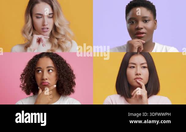 Four women display various emotional expressions against vibrant ...