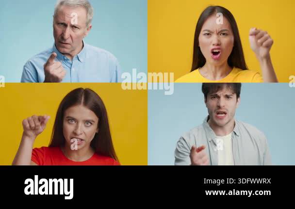 A collection of four people displays various intense emotions against ...